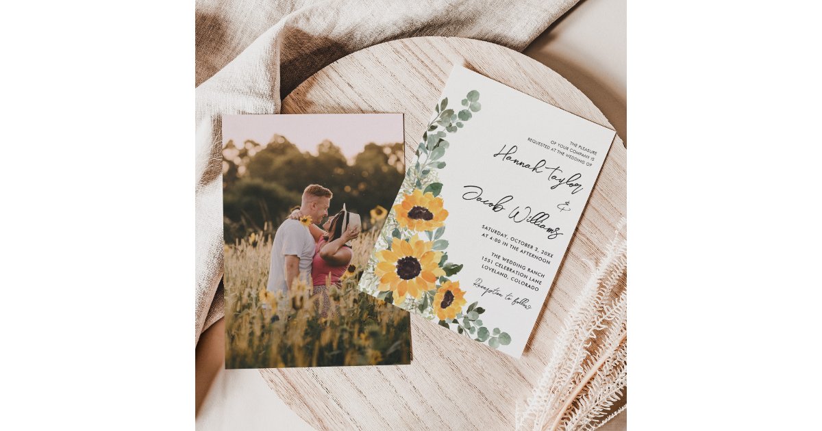 Sunflower Eucalyptus Rustic Photo Wedding Invitation | Zazzle
