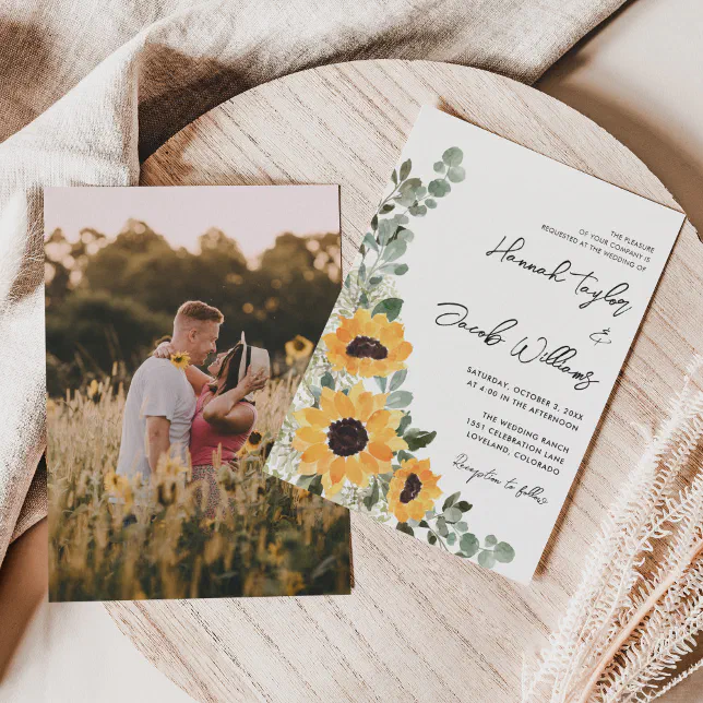 Sunflower Eucalyptus Rustic Photo Wedding Invitation | Zazzle