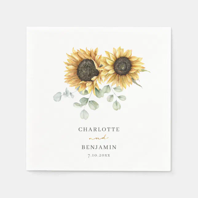 Sunflower Eucalyptus Script Floral Wedding Paper Napkins | Zazzle
