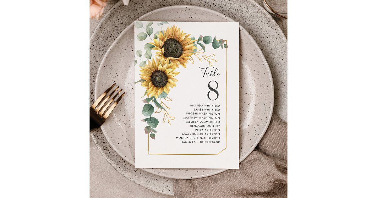 Sunflower Eucalyptus Table Number Wedding Seating | Zazzle