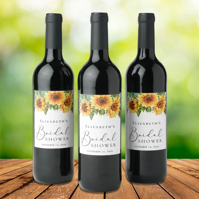Sunflower Eucalyptus Watercolor Bridal Shower Wine Label | Zazzle