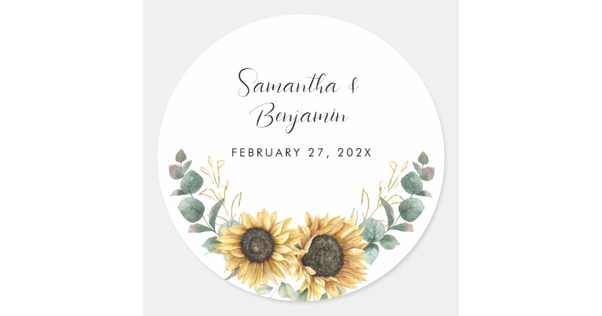 Sunflower Eucalyptus Wedding Favor Classic Round Sticker | Zazzle