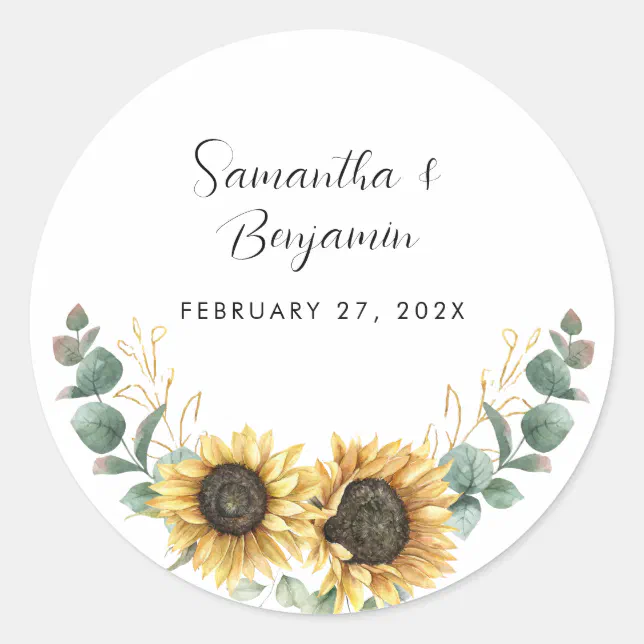 Sunflower Eucalyptus Wedding Favor Classic Round Sticker | Zazzle