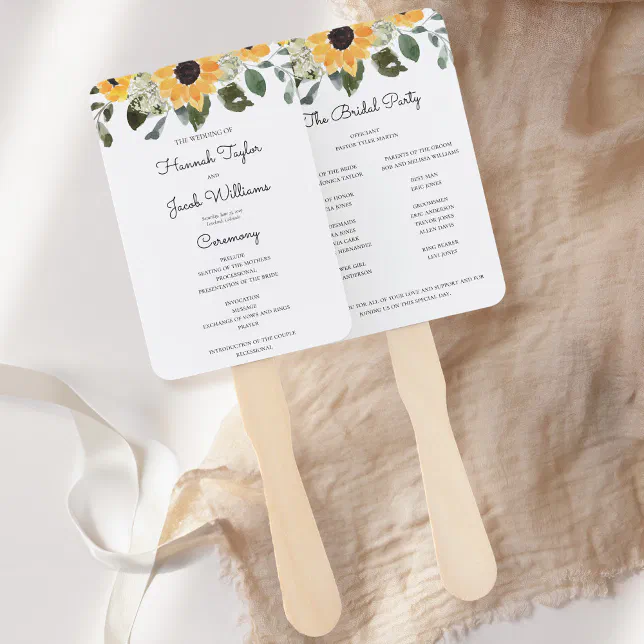 Sunflower Eucalyptus Wedding Program Hand Fan | Zazzle
