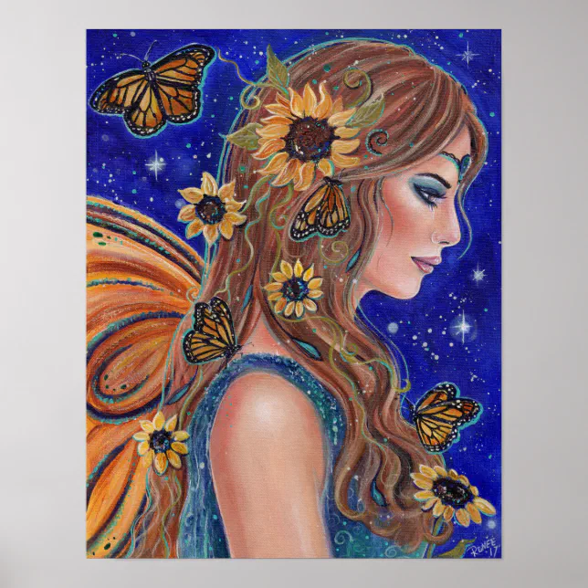 Sunflower fairy with butterflies art by Renee Poster | Zazzle