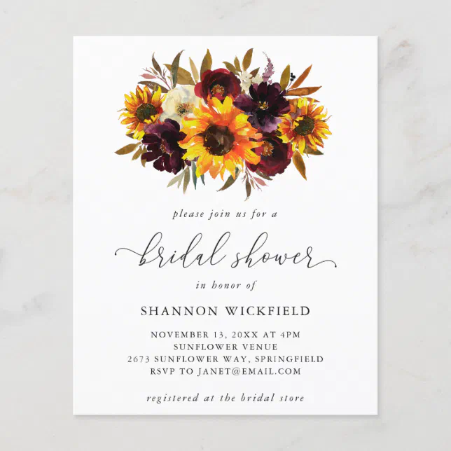 Sunflower Fall Budget Bridal Shower Invitation Flyer | Zazzle