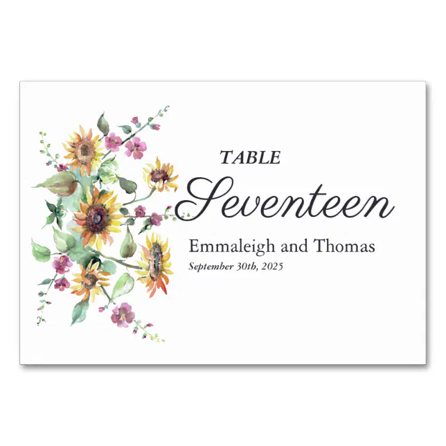 Sunflower Fall Watercolor Floral Wedding Table Number | Zazzle