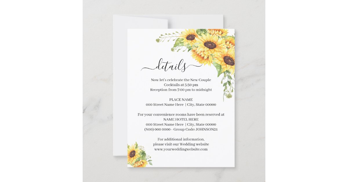 Sunflower Floral Boho Chic details insert card | Zazzle