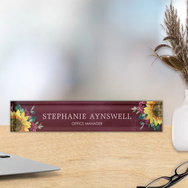 Sunflower Floral Watercolor Burgundy Desk Name Plate | Zazzle