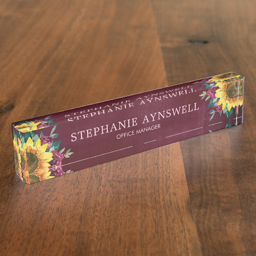 Sunflower Floral Watercolor Burgundy Desk Name Plate | Zazzle