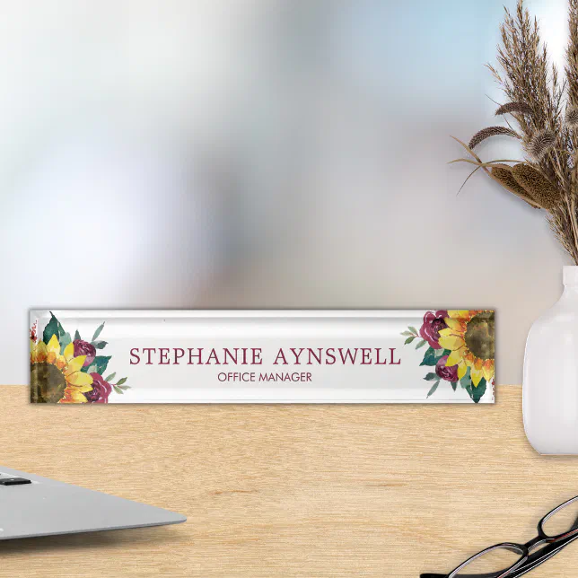 Sunflower Floral Watercolor Desk Name Plate | Zazzle