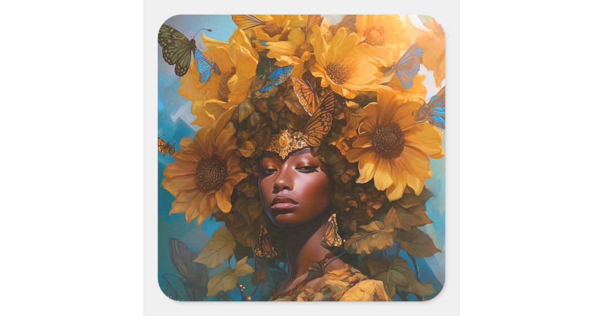 Sunflower Goddess Fantasy Art Square Sticker | Zazzle