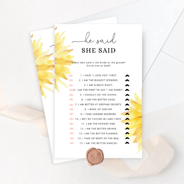Sunflower He said she said bridal shower game | Zazzle