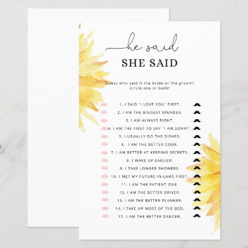 Sunflower He said she said bridal shower game | Zazzle
