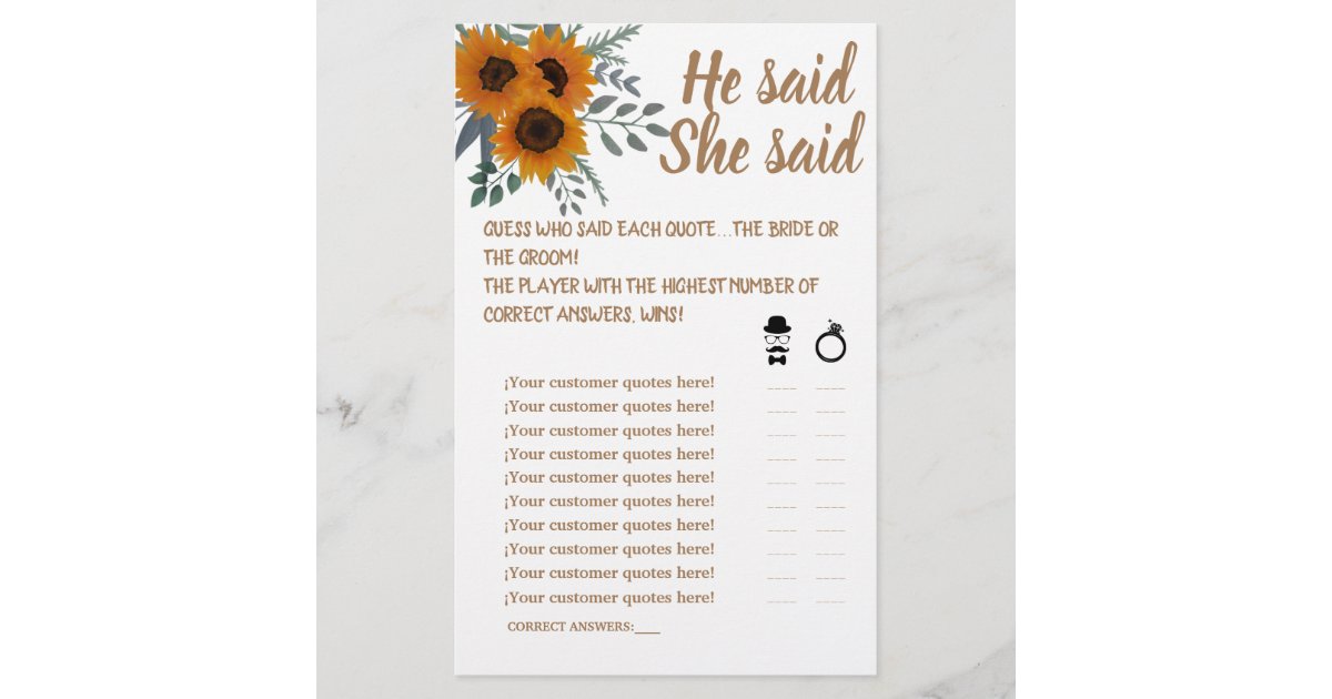SUNFLOWER HE SAID SHE SAID SHOWER GAME CARD FLYER | Zazzle