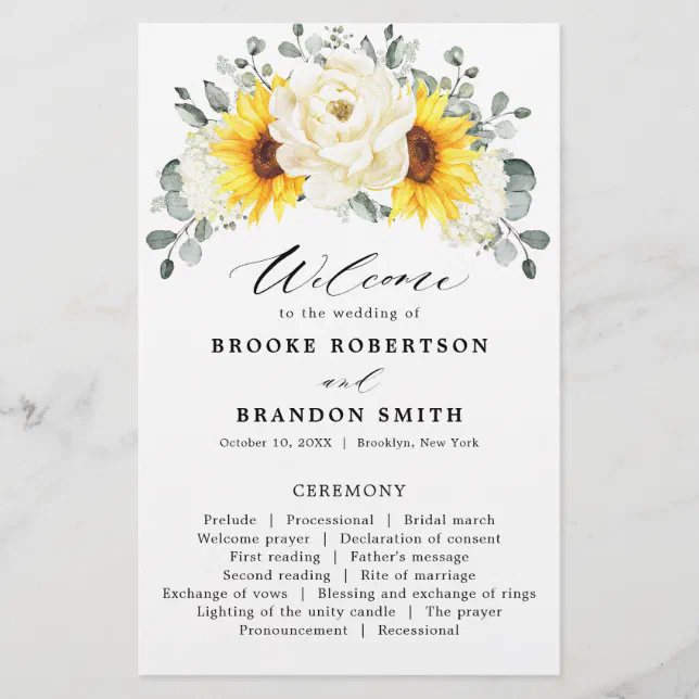 Sunflower Ivory Peony Eucalyptus Wedding Program | Zazzle