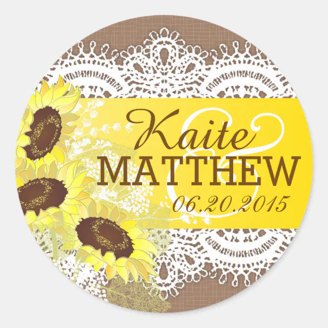 Sunflower Lace Burlap Wedding Label | Zazzle