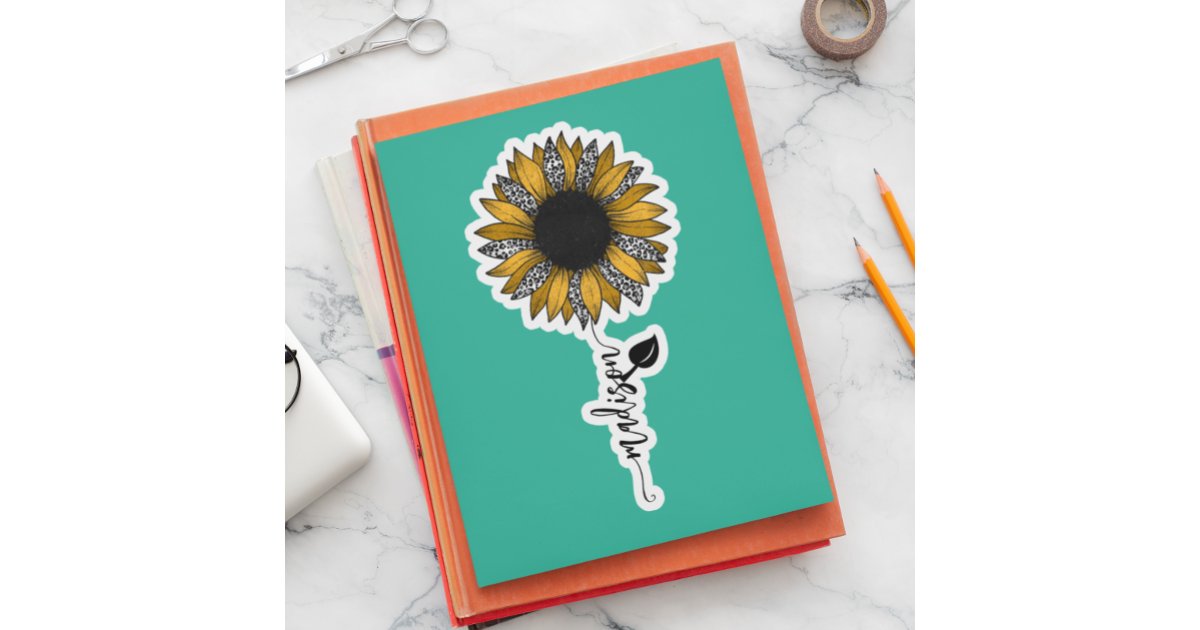 Sunflower leopard Handwritten Name Sticker | Zazzle