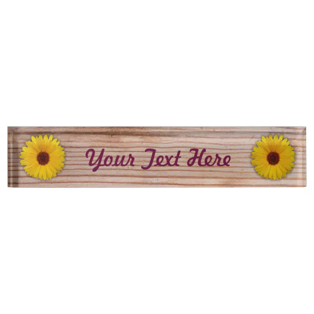 Sunflower Marigold on Rustic Wooden Boards Desk Name Plate | Zazzle