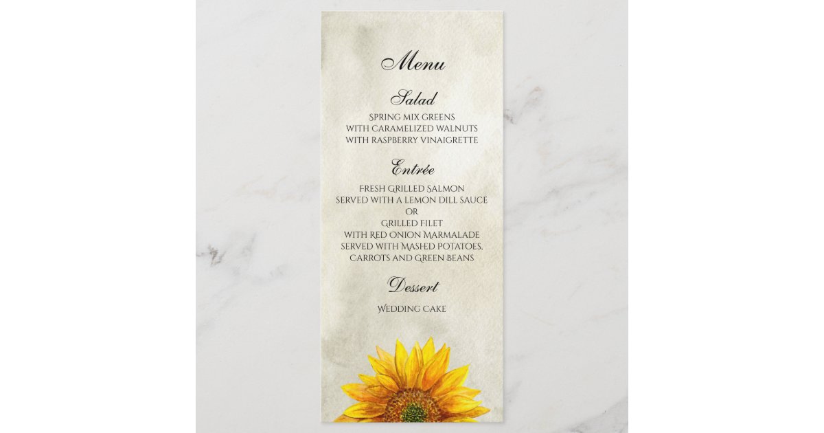 Sunflower menu. Rustic wedding dinner menu card | Zazzle
