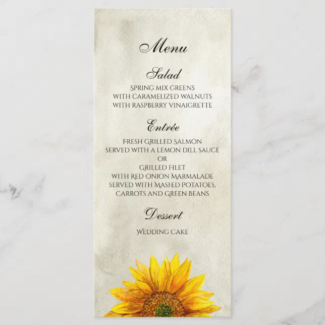 Sunflower menu. Rustic wedding dinner menu card | Zazzle