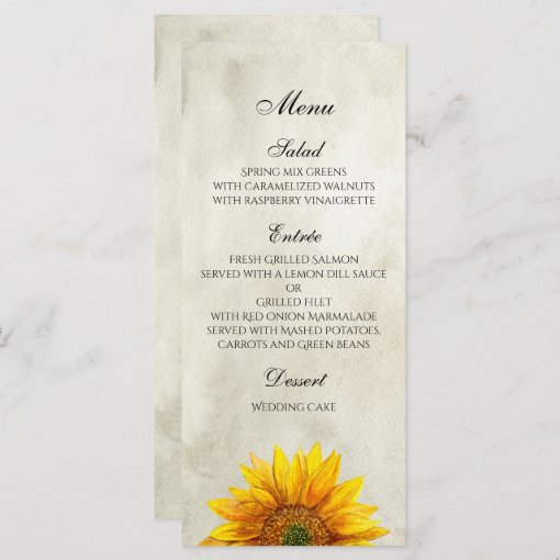 Sunflower menu. Rustic wedding dinner menu card | Zazzle