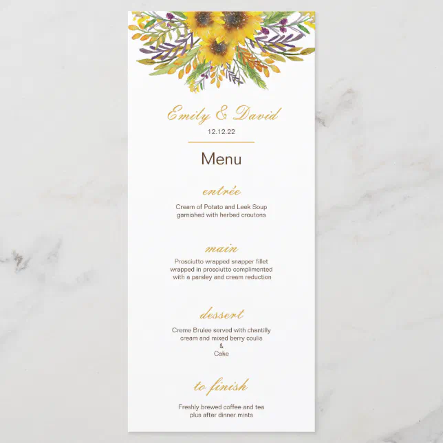 Sunflower Menu, Wedding Menu, Baby Shower Menu | Zazzle