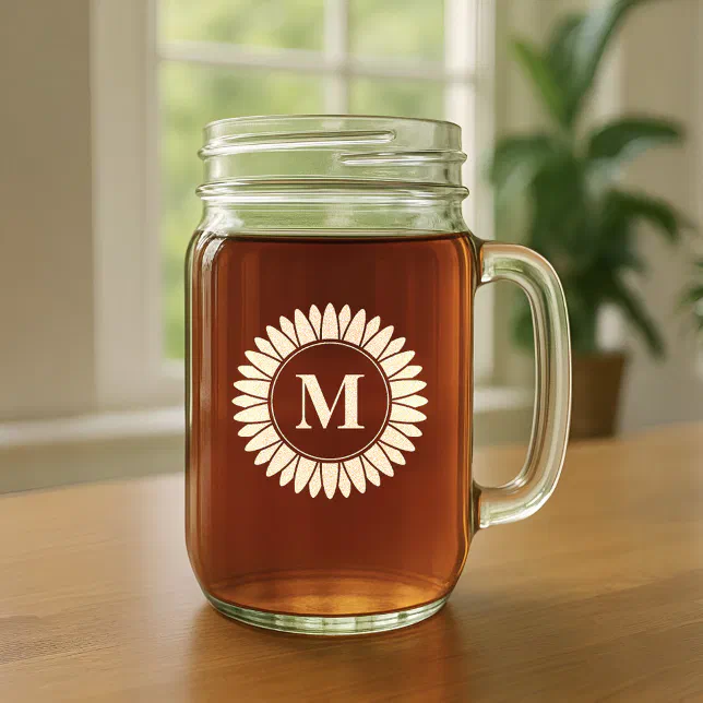Sunflower Monogram Initial V2 Mason Jar W/ Handle | Zazzle