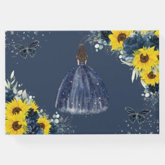 Sunflower Navy Blue Princess Silver Quinceañera Guest Book | Zazzle