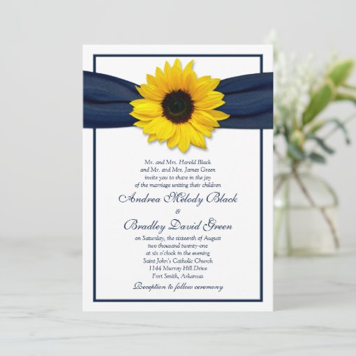Sunflower Navy Blue Ribbon Wedding Invitation | Zazzle