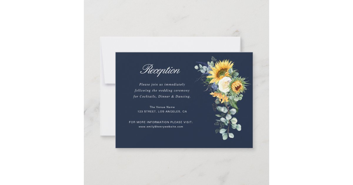 sunflower navy blue wedding reception card | Zazzle