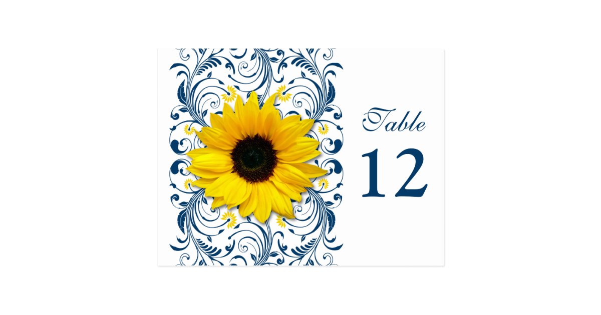 Sunflower Navy Blue White Floral Table Number Card | Zazzle.com