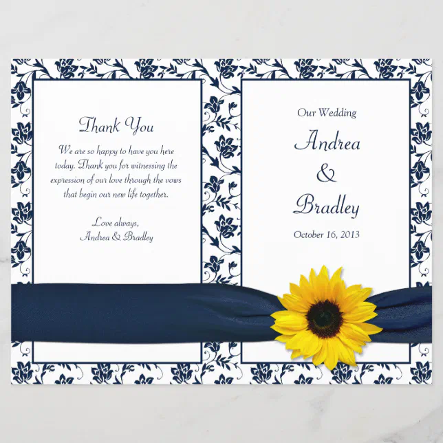 Sunflower Navy Damask Floral Wedding Program | Zazzle