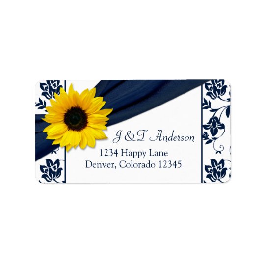 Sunflower Navy Damask Wedding Return Address Label | Zazzle.com