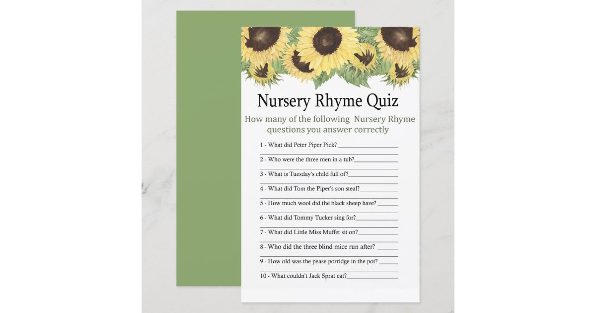 Sunflower Nursery Rhyme Quiz baby shower game | Zazzle