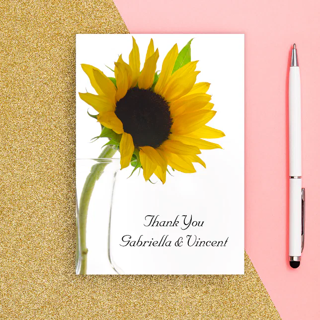 Sunflower on White Wedding Flat Thank You Notes | Zazzle