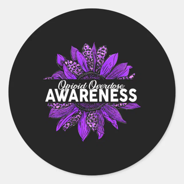Sunflower Opioid Overdose Awareness Purple Ribbon Classic Round Sticker ...