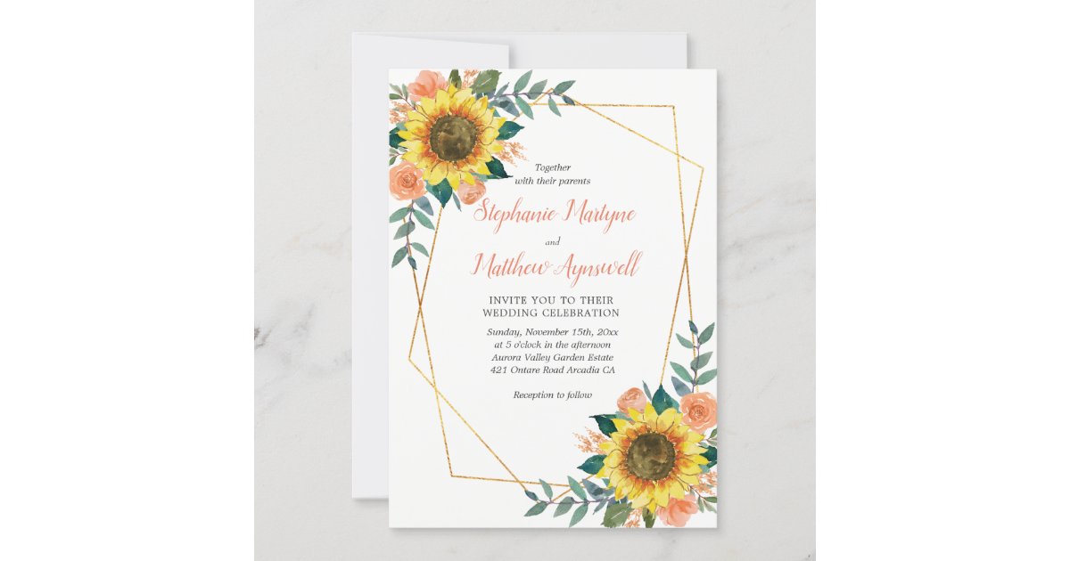 Sunflower Peach Roses Modern Geometric Wedding Invitation | Zazzle