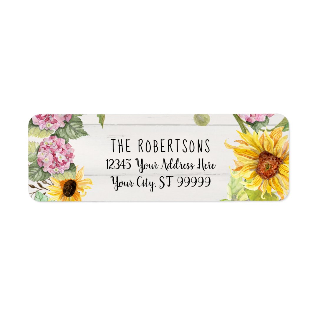 Sunflower Pink Hydrangea Floral | Return Address Label | Zazzle