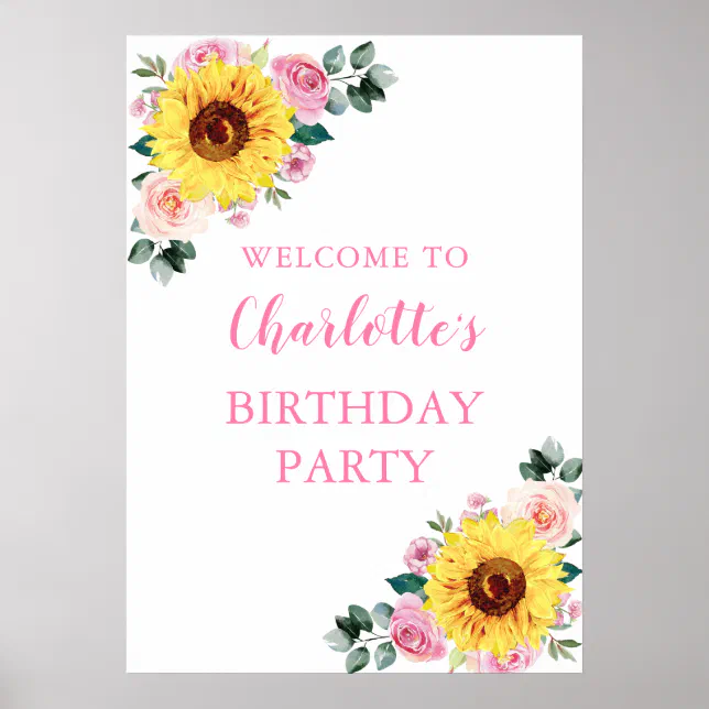 Sunflower Pink Watercolor Floral Birthday Party Poster | Zazzle
