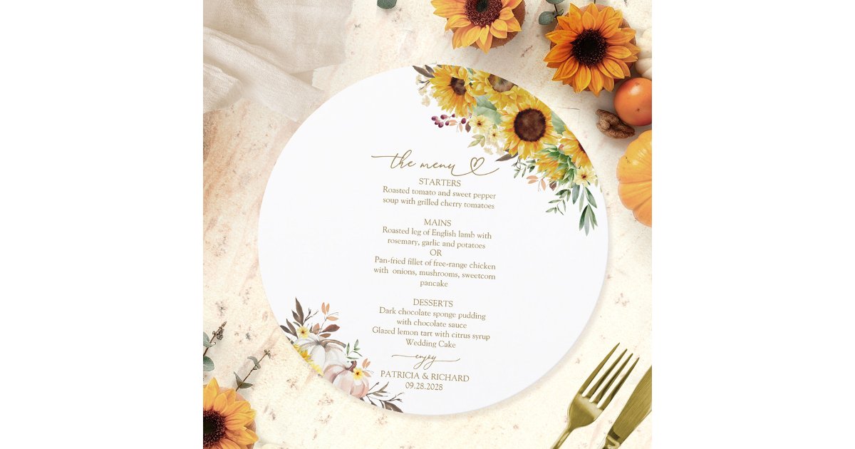 Sunflower Pumpkin Circle Wedding Menu Card | Zazzle