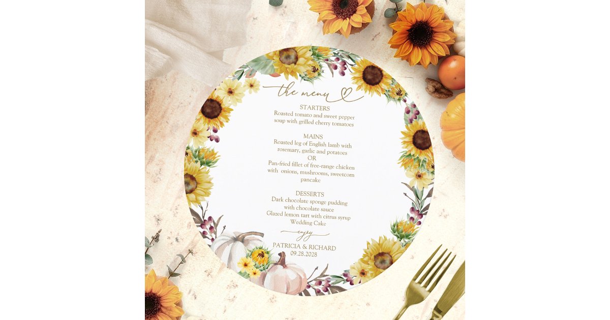 Sunflower Pumpkin Circle Wedding Menu Card | Zazzle
