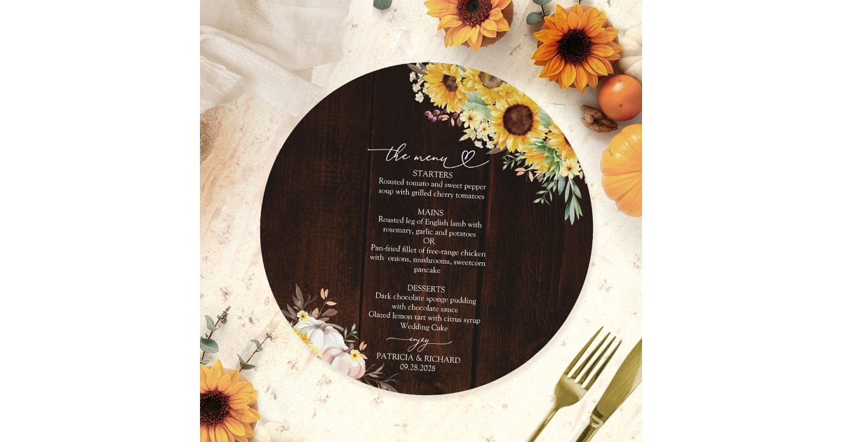 Sunflower Pumpkin Circle Wedding Menu Card | Zazzle