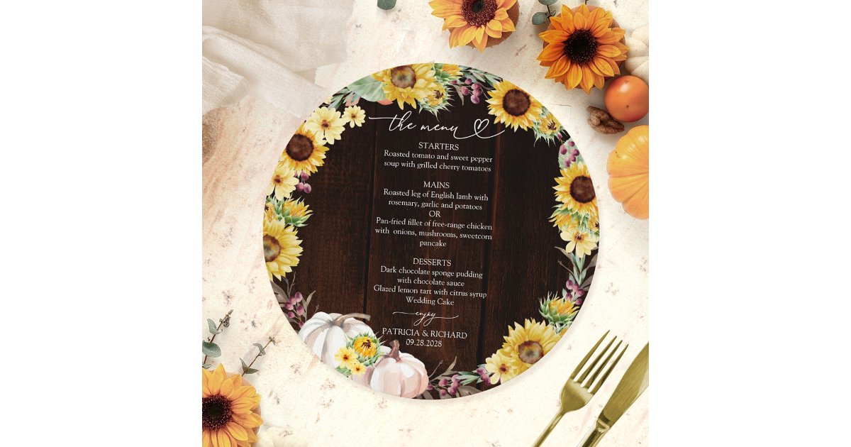 Sunflower Pumpkin Circle Wedding Menu Card | Zazzle