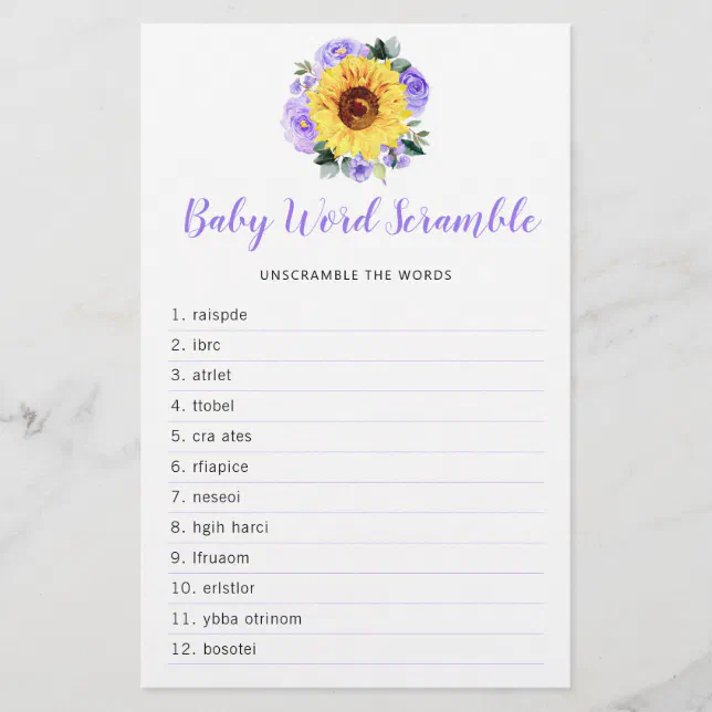 Sunflower Purple Floral Baby Shower Word Game | Zazzle