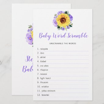 Sunflower Purple Floral Baby Shower Word Game | Zazzle