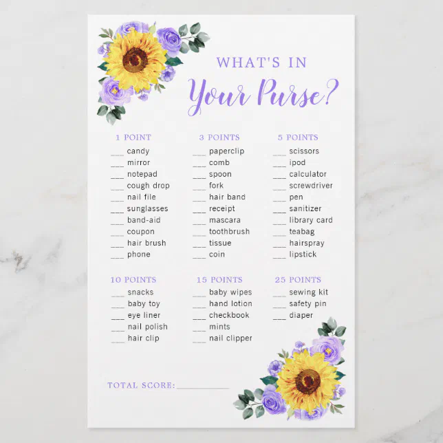 Sunflower Purple Floral Purse Baby Shower Game | Zazzle