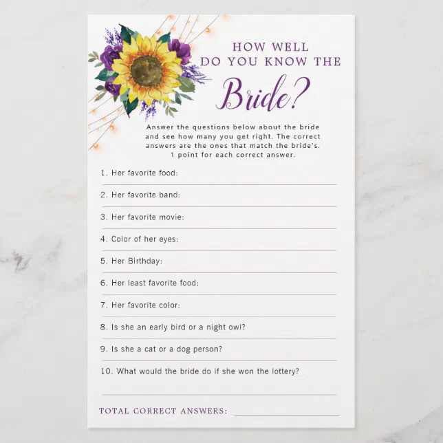 Sunflower Purple Lights Bridal Shower Game | Zazzle