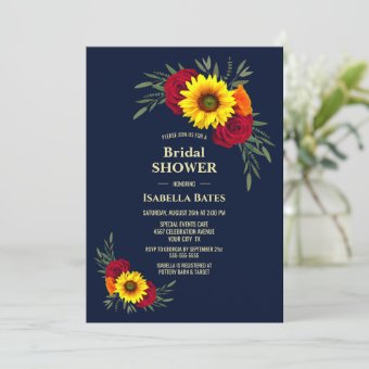 Sunflower Red Rose Navy Blue Bridal Shower Invitation | Zazzle