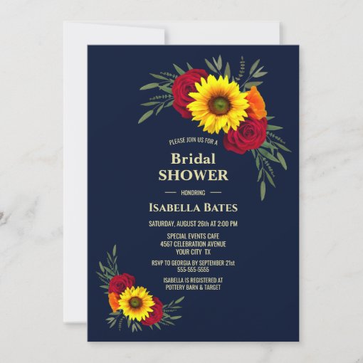 Sunflower Red Rose Navy Blue Bridal Shower Invitation | Zazzle
